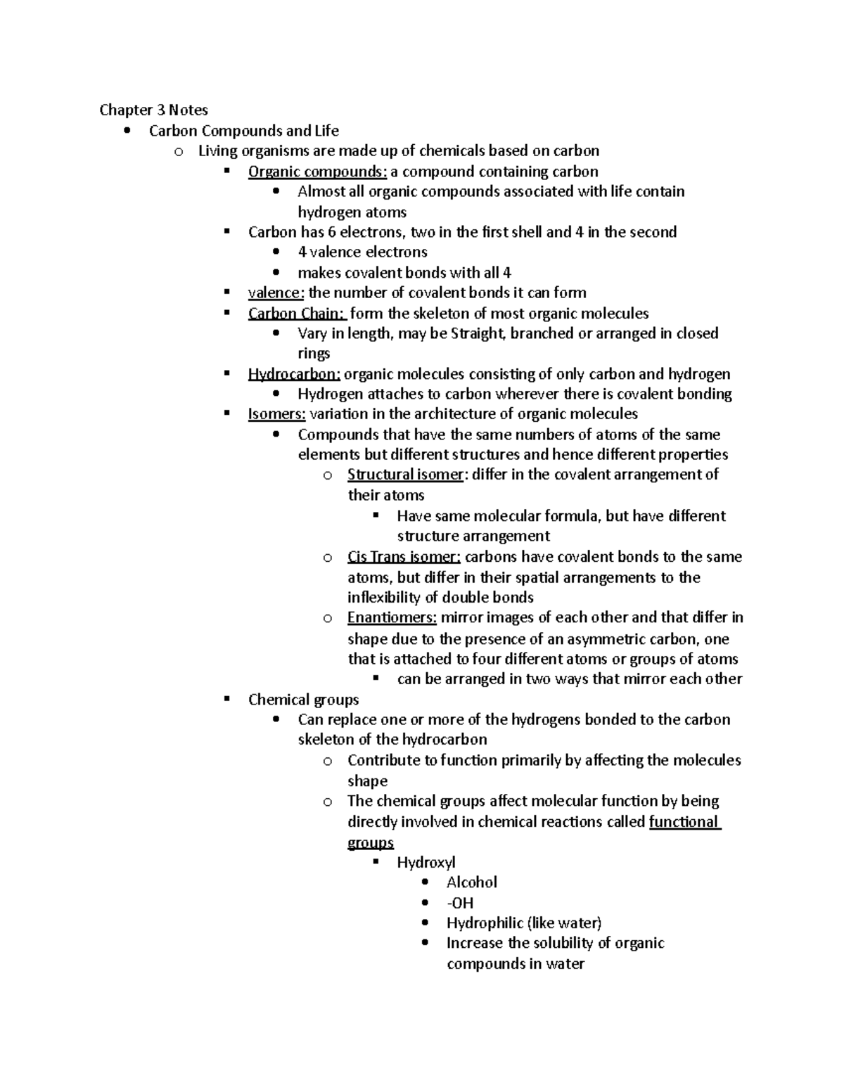 Chapter 3 Notes - Chapter 3 Notes Carbon Compounds and Life o Living ...