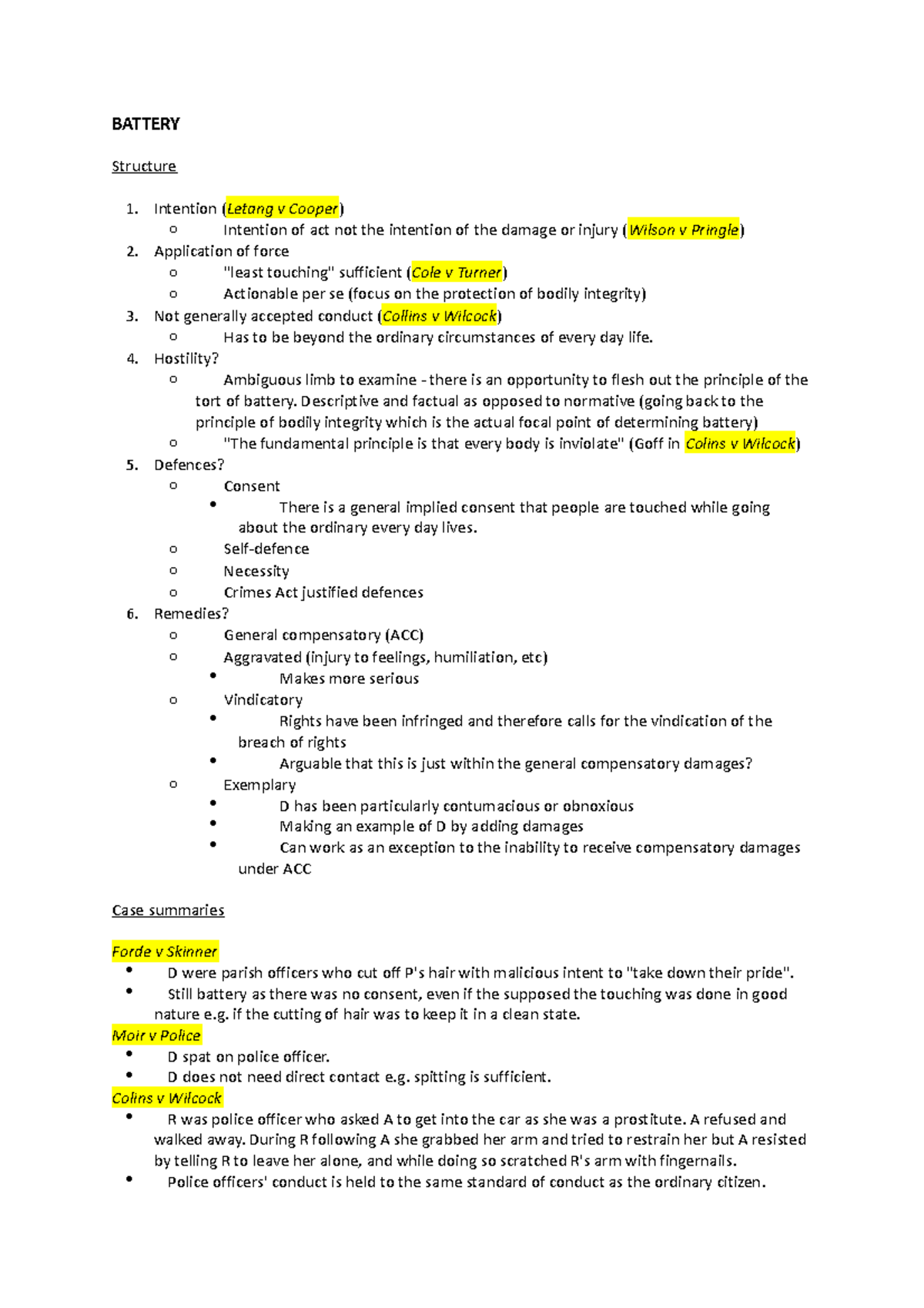 Torts cheat sheet - BATTERY Structure Intention (Letang v Cooper) o ...