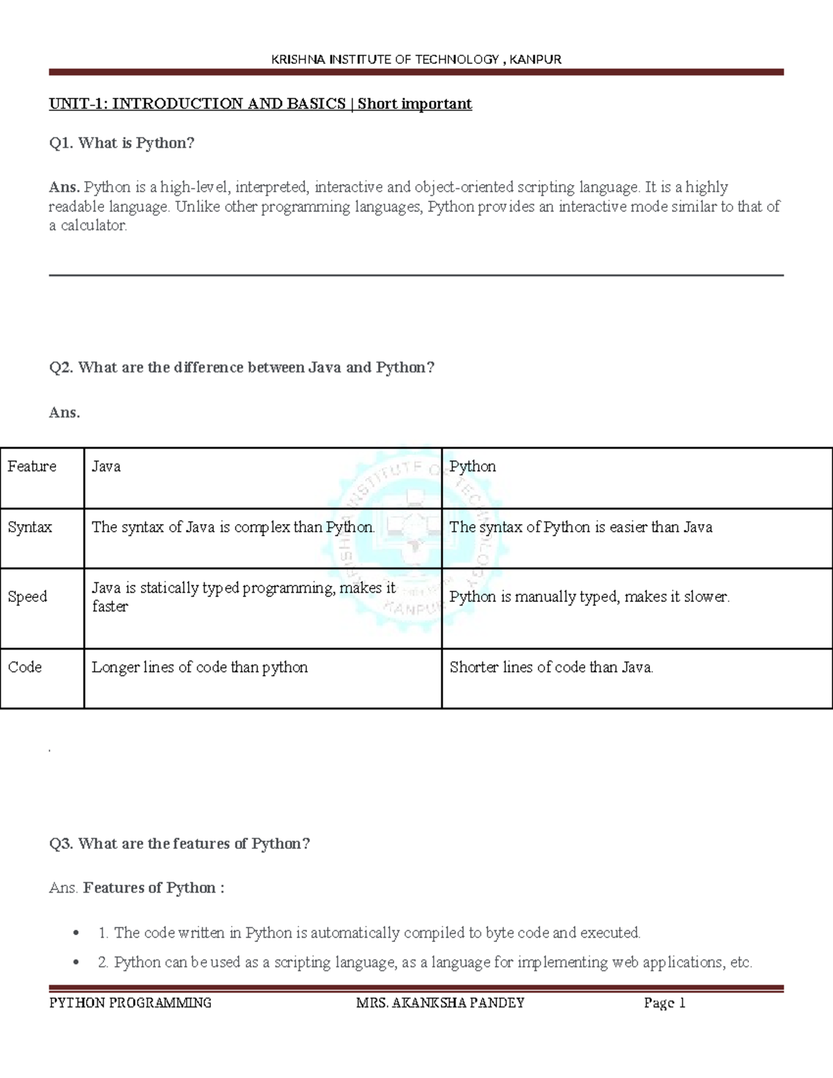 Python QUES ANS BANK - UNIT-1: INTRODUCTION AND BASICS | Short important Q1. What is Python? Ans ...
