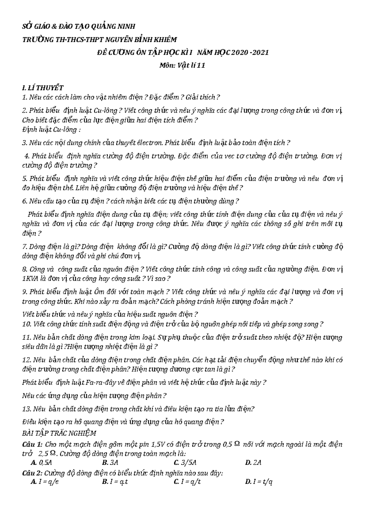 ĐỀ CƯƠNG ÔN THI vật lí - S Ở GIÁO & ĐÀO T ẠO QU ẢNG NINH TR ƯỜNG TH-THCS-THPT NGUYỄỄN B NH KHIỄM ...