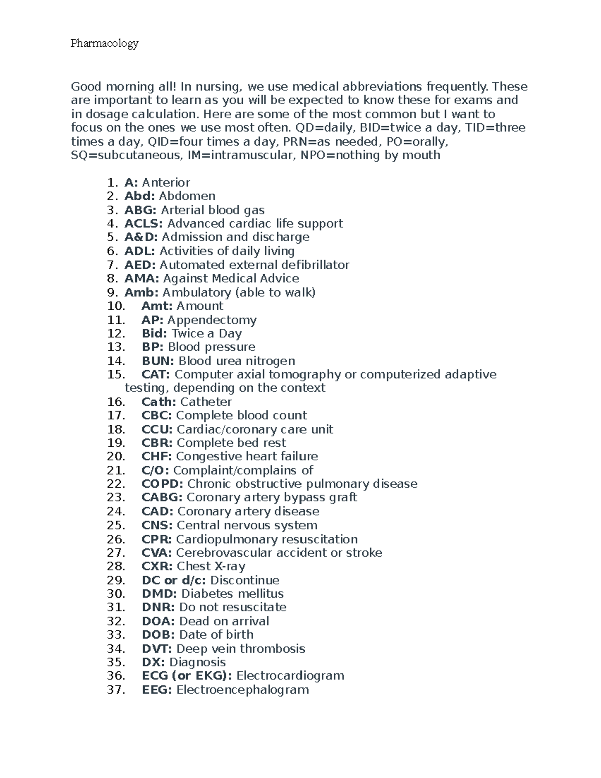 Med abbreviations - Pharmacology Good morning all! In nursing, we use ...
