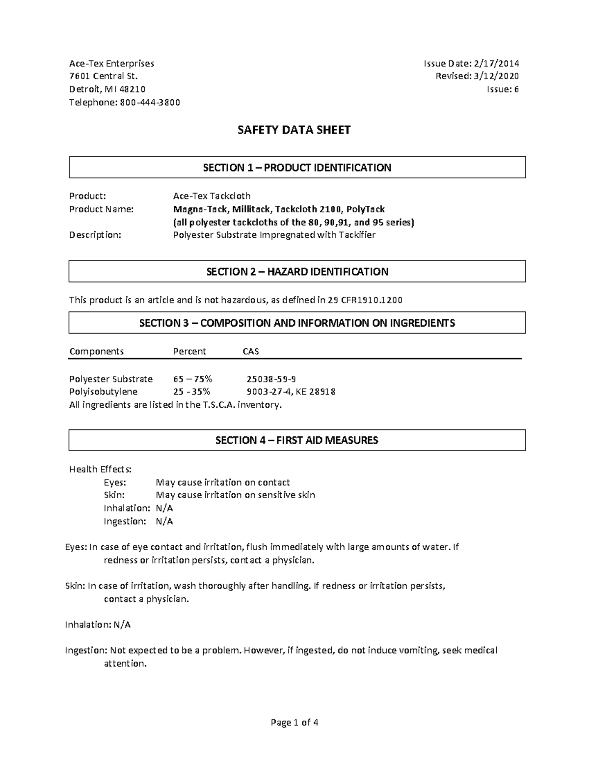 Ace-Tex Polyester Tackcloth - Ace-Tex Enterprises Issue Date: 2 /1 7 / ...