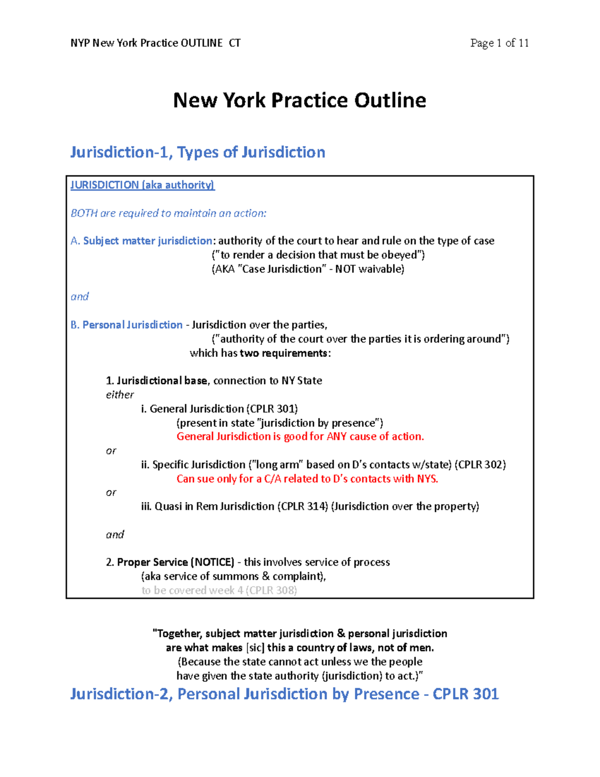New York Practice Outline - New York Practice Outline Jurisdiction-1 ...