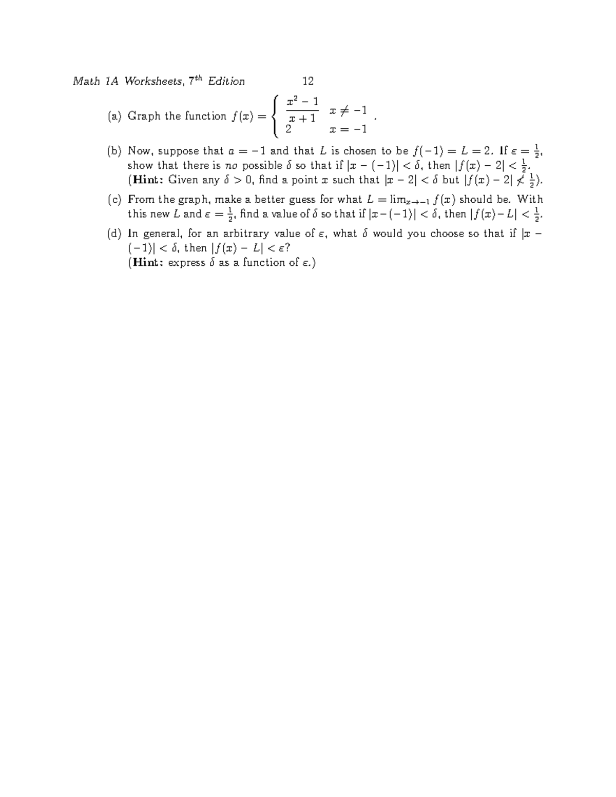 WS-W - Calculus Practice - Math 1A Worksheets, 7 th Edition 12 (a ...