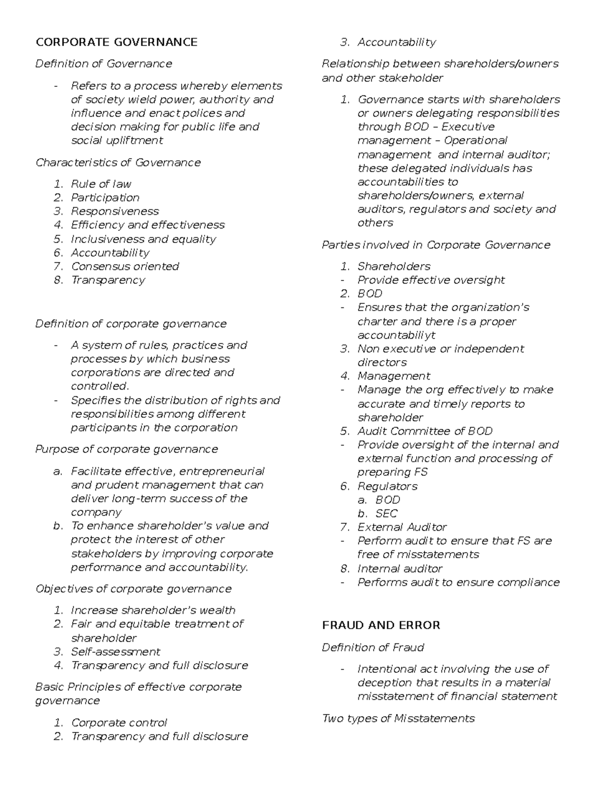 QE - ACCA 109 Reviewer - Summaries - CORPORATE GOVERNANCE Definition of ...