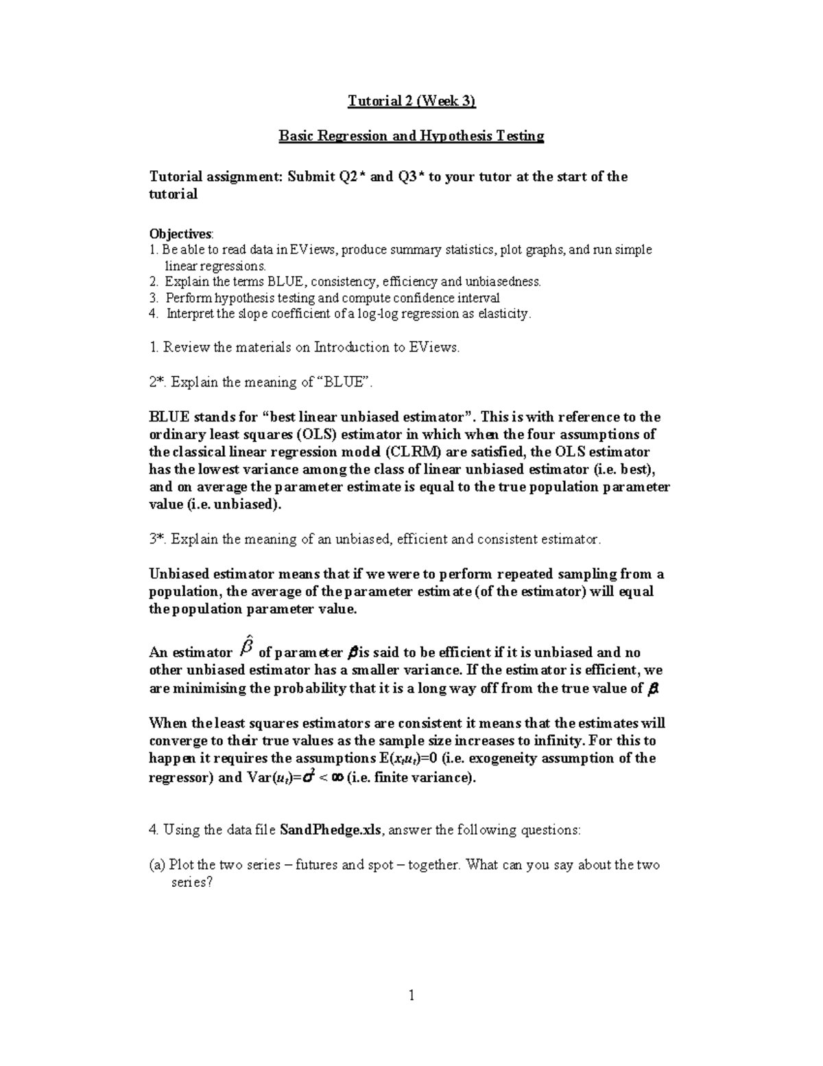 Econ339 Tutorial 2 Answers - Tutorial 2 (Week 3) Basic Regression and ...