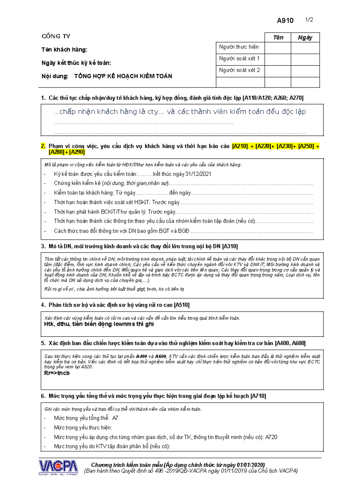 A910 - Tong hop ke hoach kiem toan(v) - A910 1 / 2 CÔNG TY Tên khách hàng: Ngày kết thúc kỳ kế ...