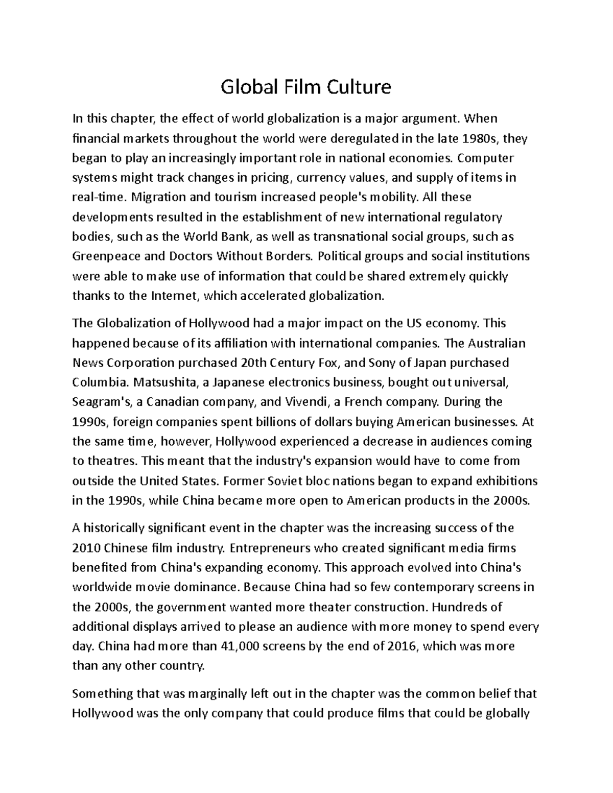 Global Film Culture Chapter Review - Global Film Culture In this ...