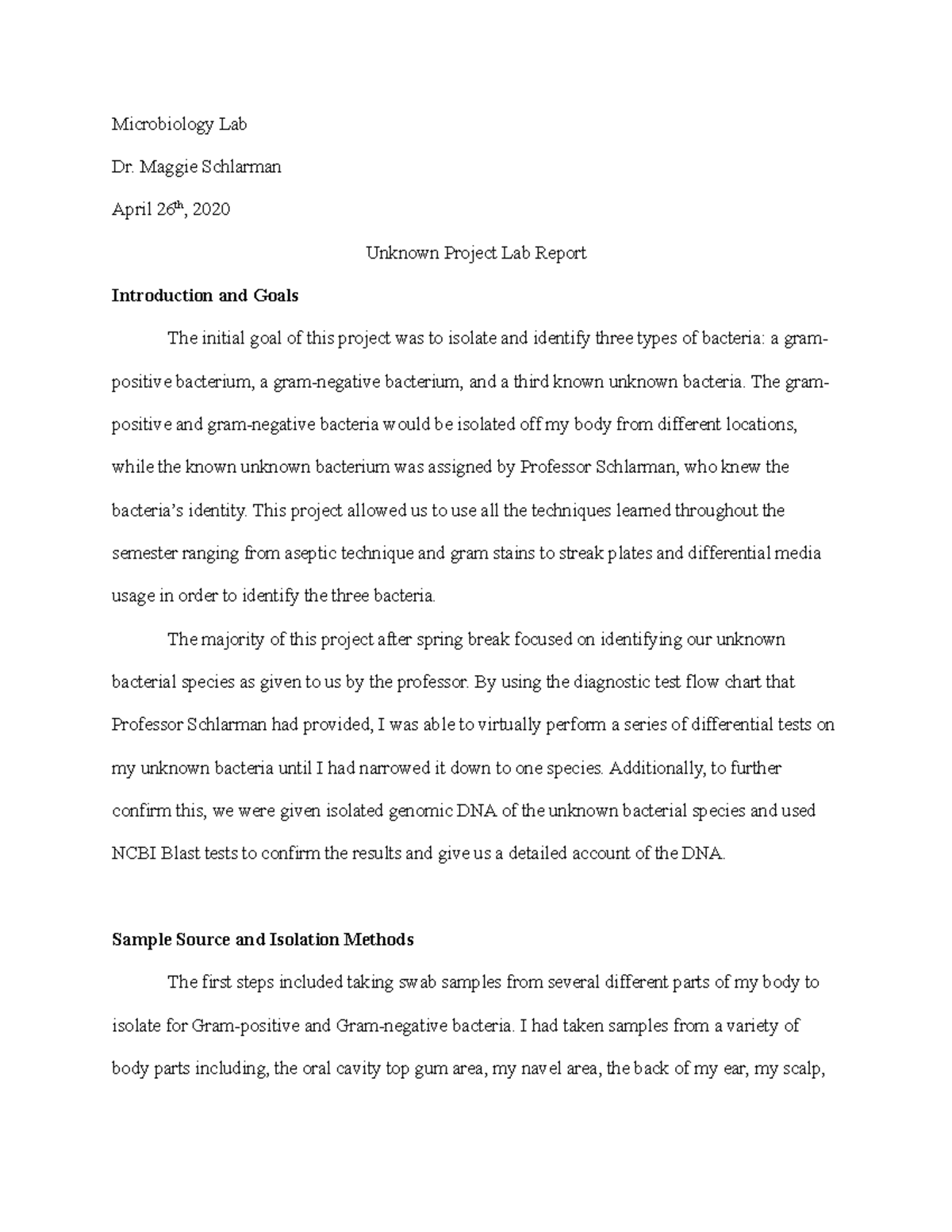 Unknown Project Lab Report 3 - Microbiology Lab Dr. Maggie Schlarman ...