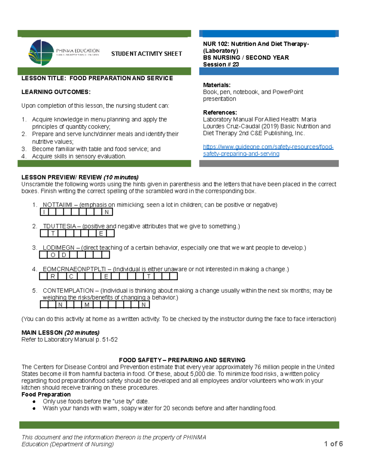 Session 23 - Nutrition - STUDENT ACTIVITY SHEET NUR 102: Nutrition And ...