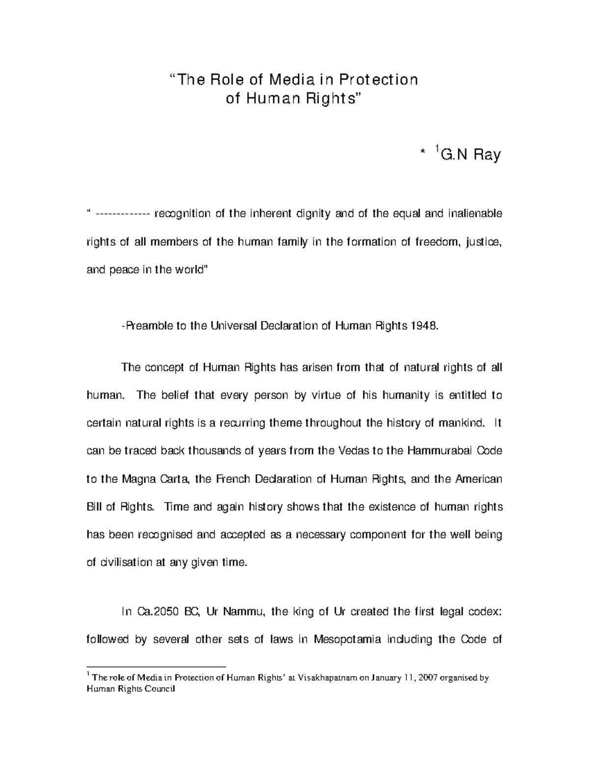 The Role of Media in Protection of Human Rights Visakhapatnam - “The ...