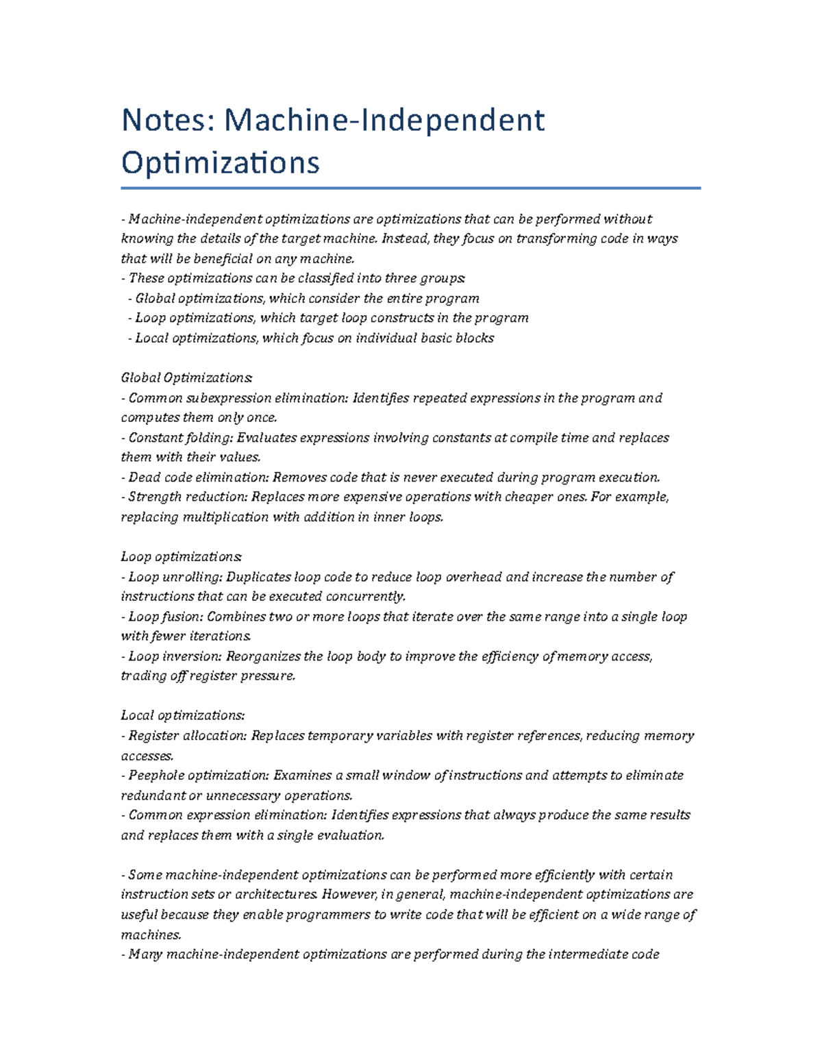 Lecture Notes Machine Independent Optimizations Notes Machine Independent Optimizations