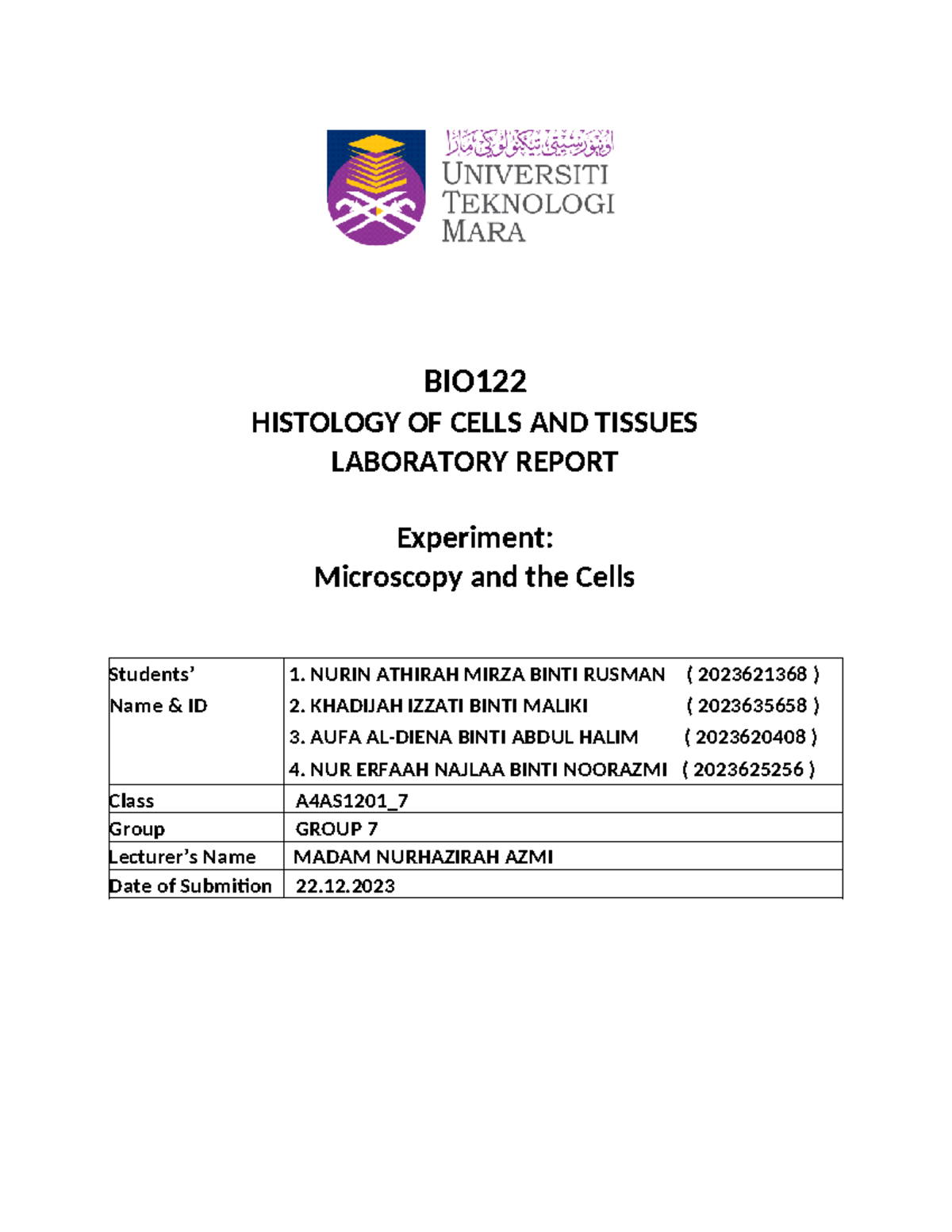 LAB Report BIO 122 - bio 122 - BIO HISTOLOGY OF CELLS AND TISSUES ...