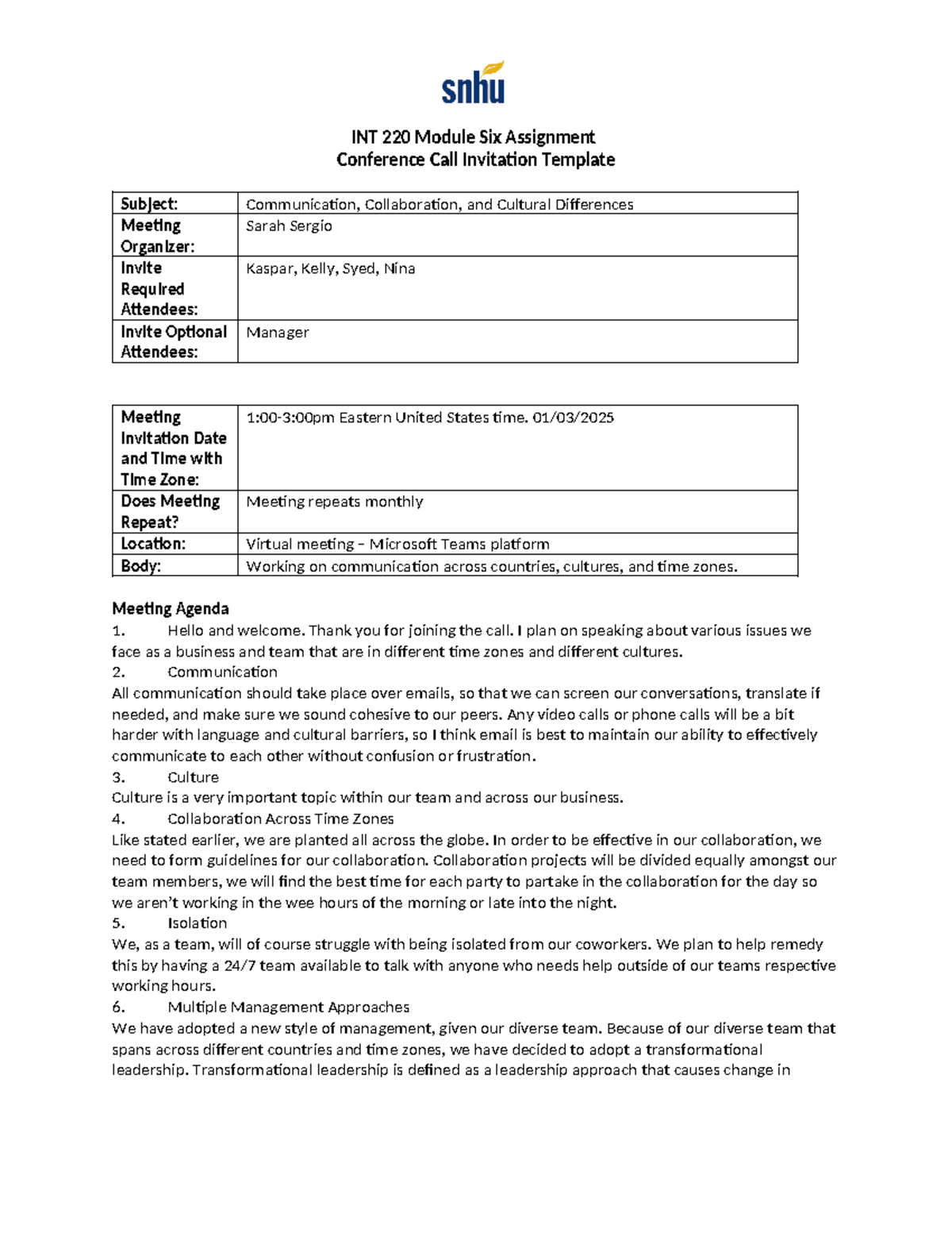 INT 220 Conference Call Invitation - INT 220 Module Six Assignment ...