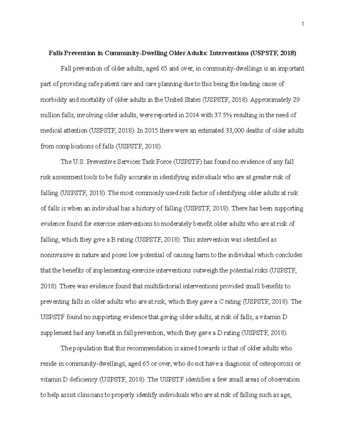 NUR 426 Uspstf Clinical Guidelines Paper (1) - Falls Prevention in ...