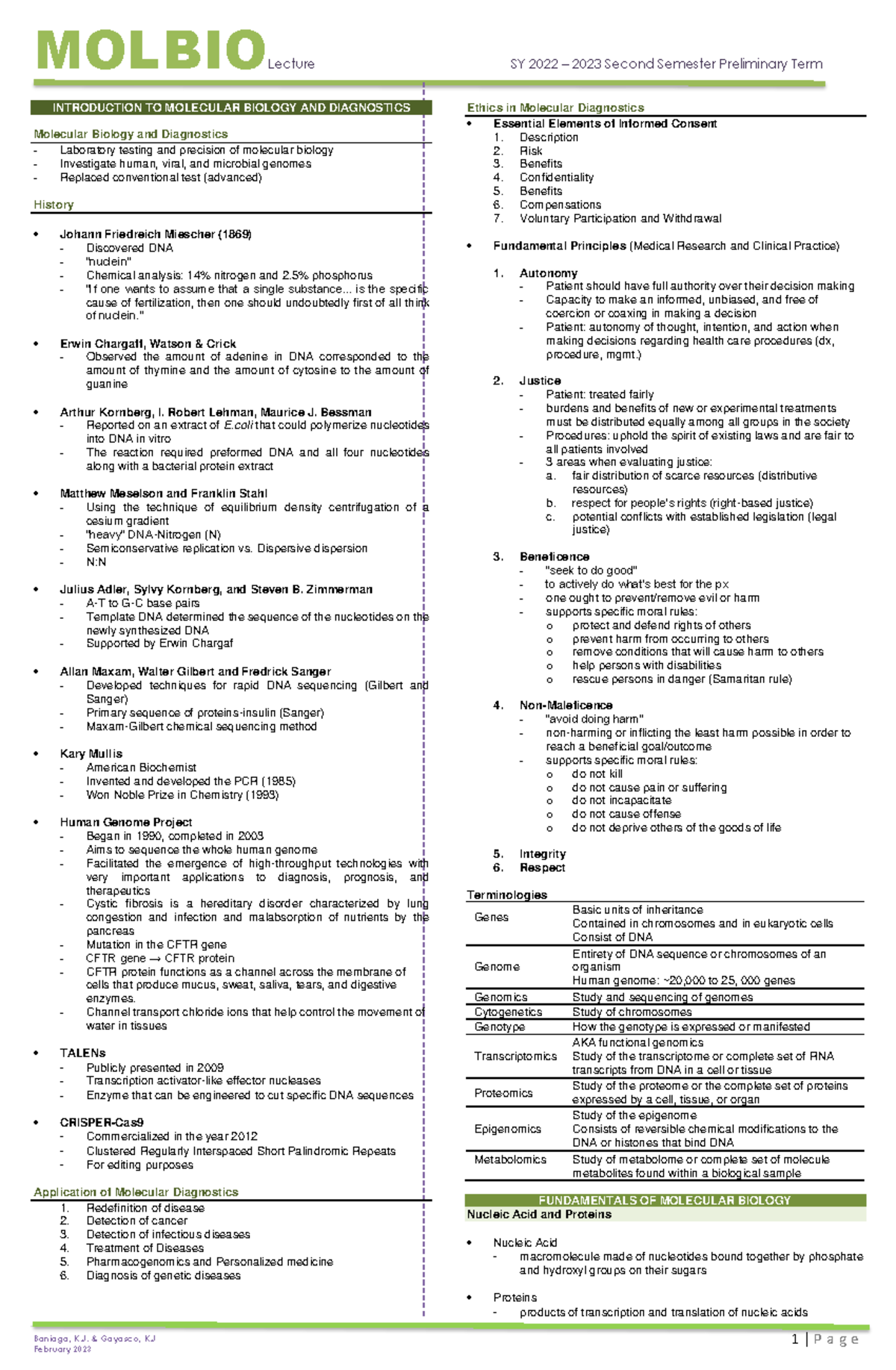 Mol Bio-Lec - Baniaga, K. & Gayasco, K 1 | P a g e INTRODUCTION TO ...