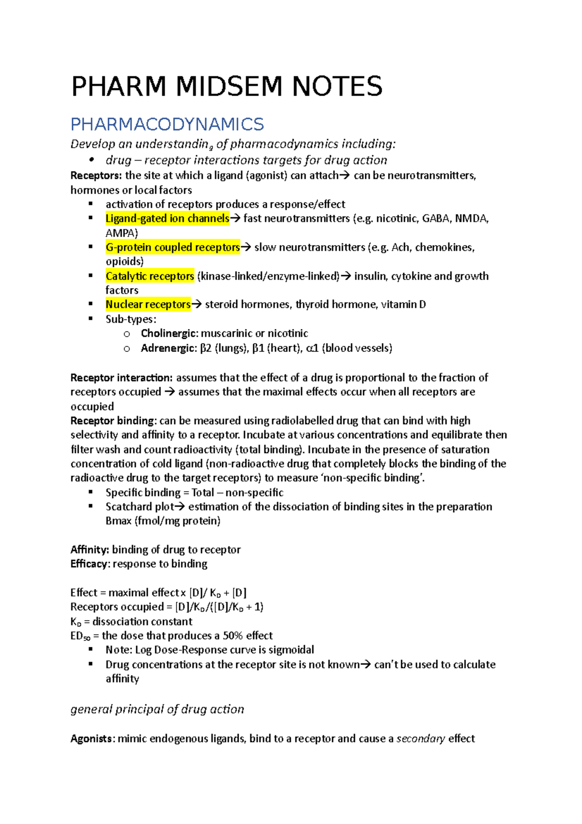 Pharm lecture Notes - PHARM MIDSEM NOTES PHARMACODYNAMICS Develop an ...