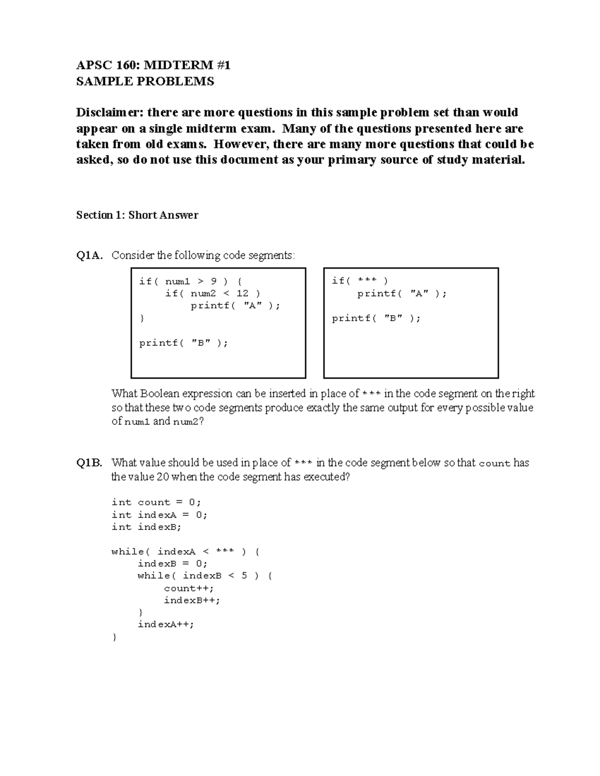 Sample Midterm 1 - APSC 160: MIDTERM SAMPLE PROBLEMS Disclaimer: there are more questions in ...