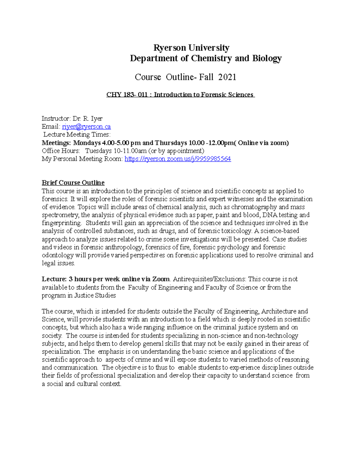 Course Outline Fall 2021 - Ryerson University Department of Chemistry ...