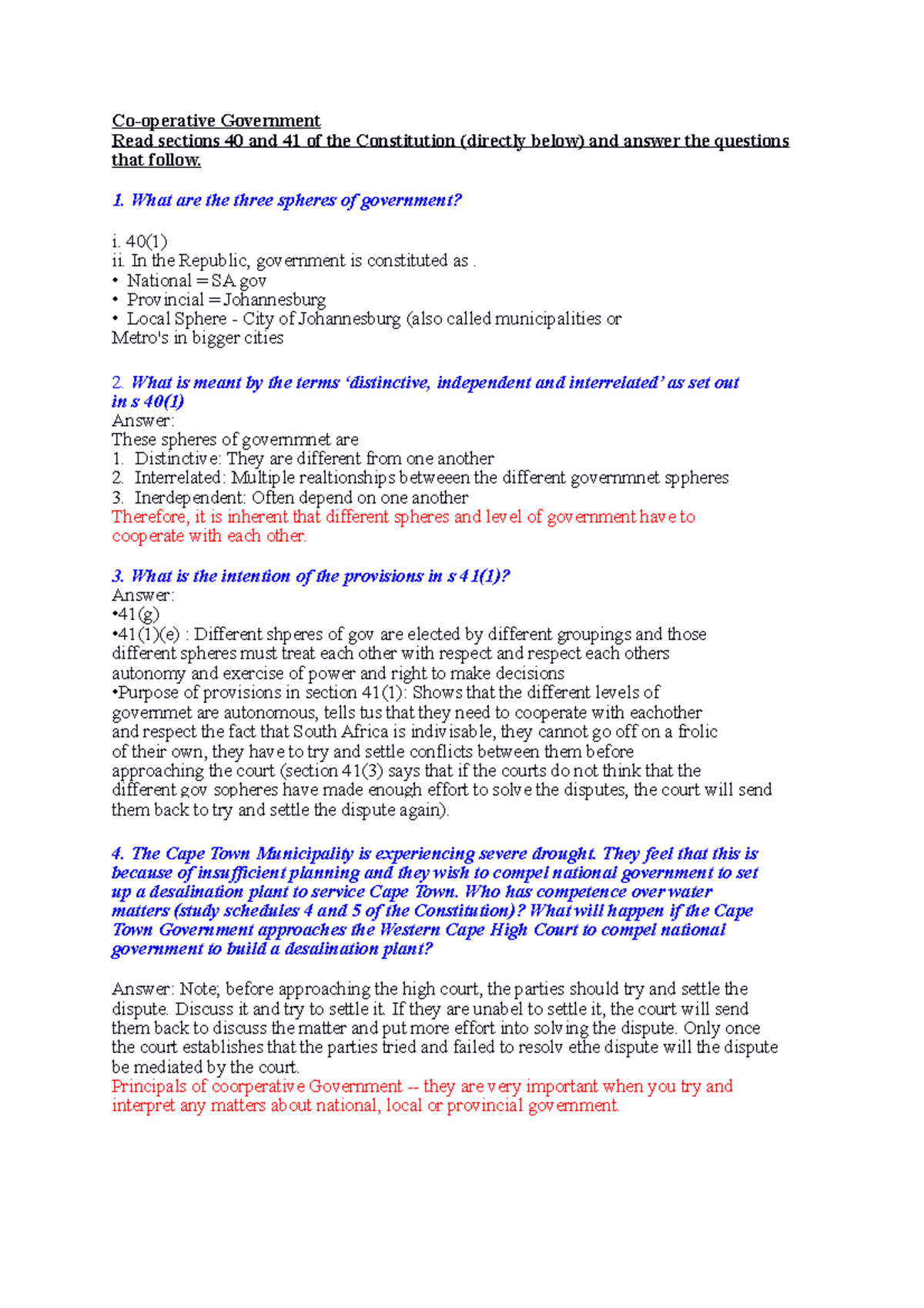 Cl worksheet 8a - Co-operative Government Read sections 40 and 41 of ...