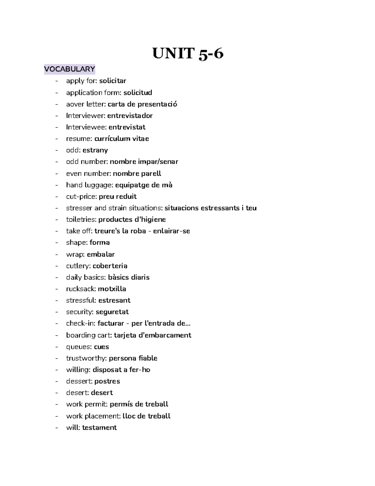 UNIT 5-6 - Vocabulario, Reported Speech, Relative clauses - UNIT 5- VOCABULARY - apply for ...