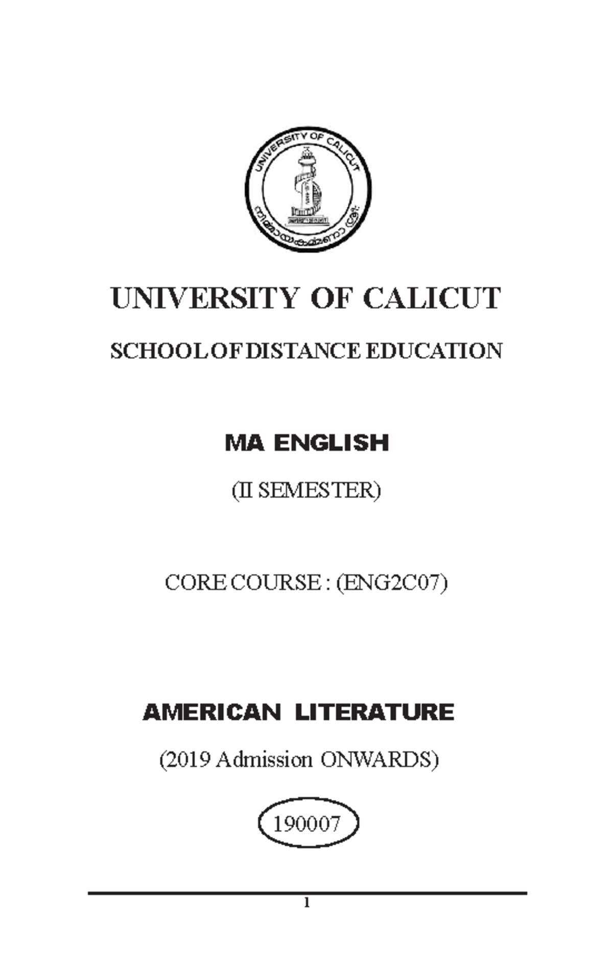 American Literature - II SEMESTER CORE COURSE MA ENGLISH - UNIVERSITY ...