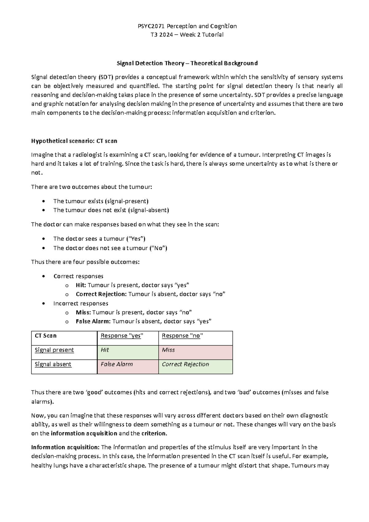 Signal Detection Theory Explanation And Background T3 202 4 Week 2 Tutorial Signal Detection