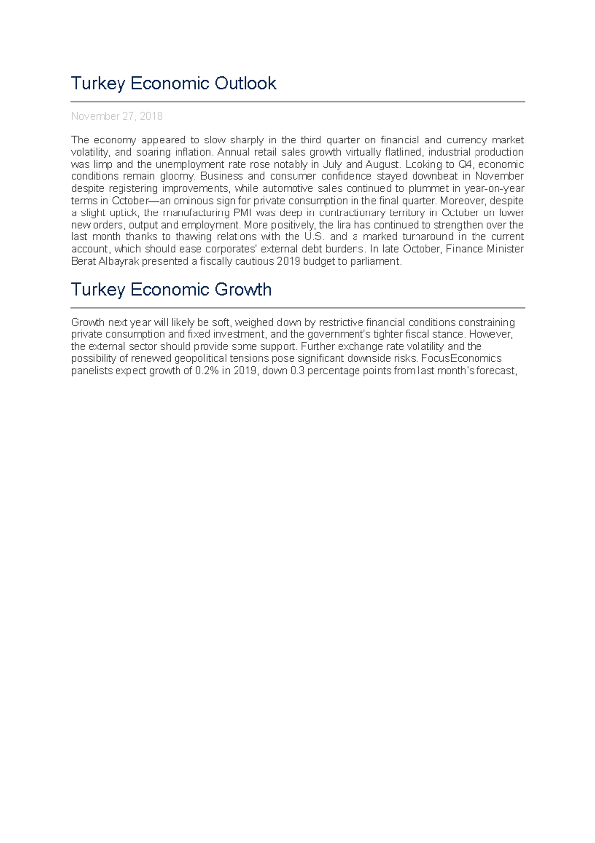Turkey Economic Outlook - Turkey Economic Outlook November 27, 2018 The ...