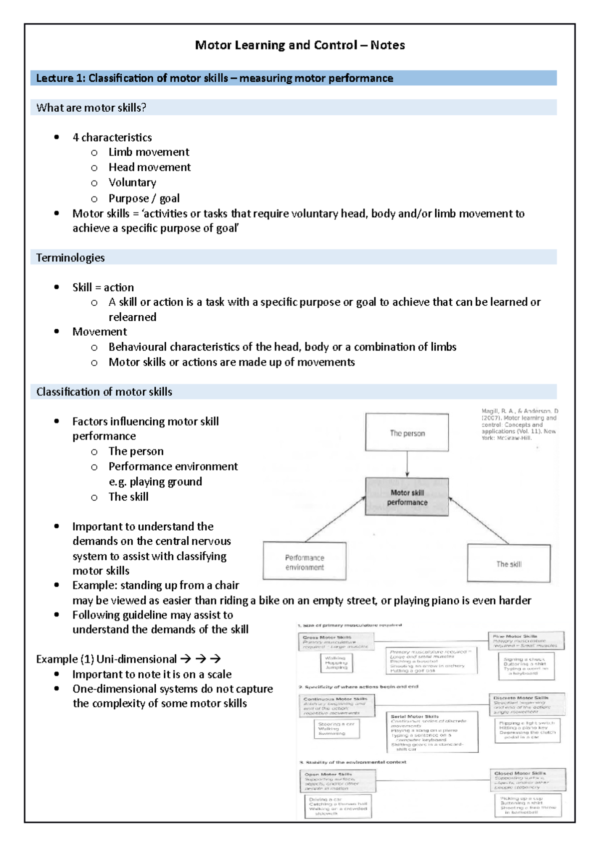 Notes - Motor learning and control - Motor Learning and Control – Notes ...
