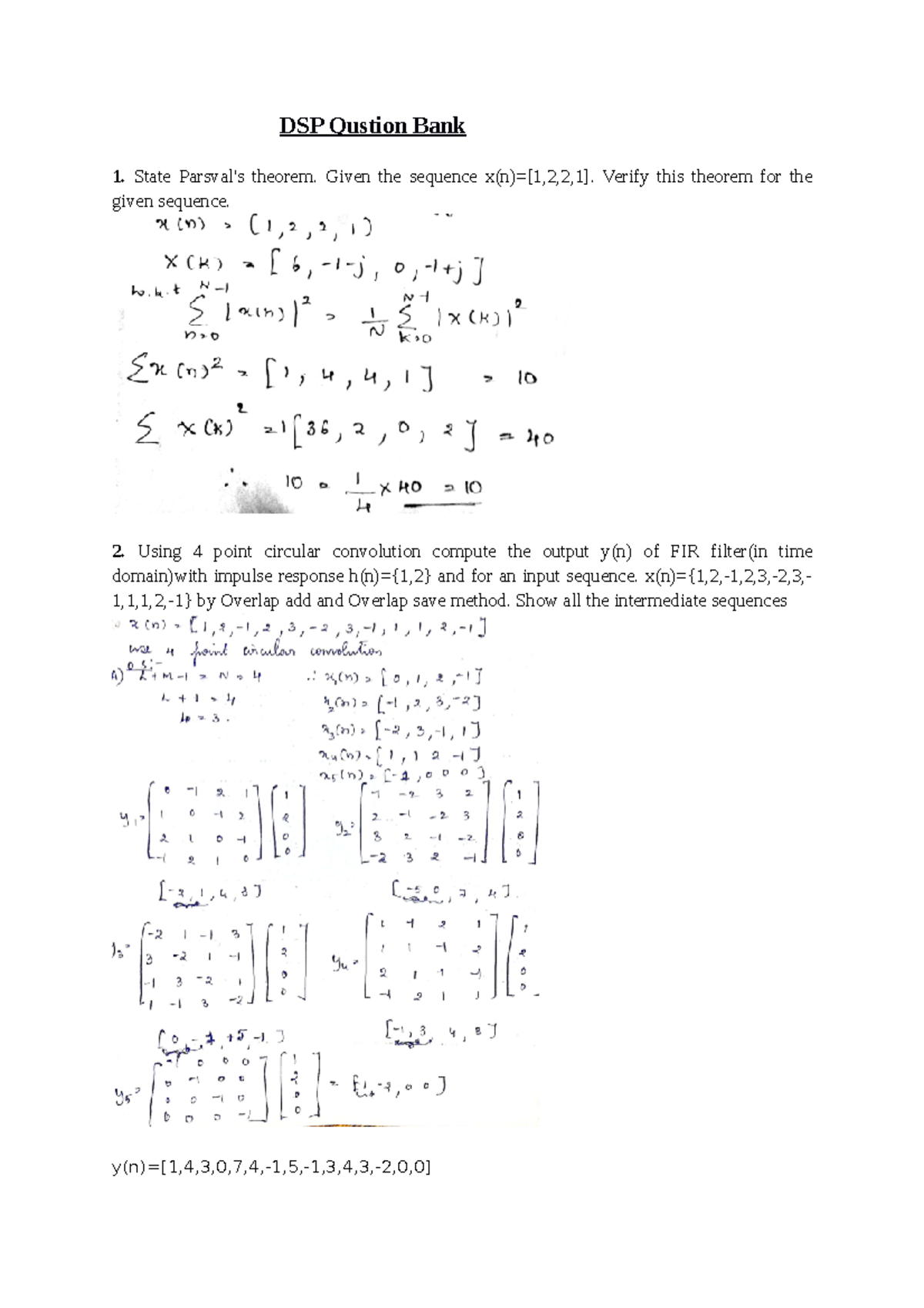DSP - digital signal processing - DSP Qustion Bank State Parsval's ...