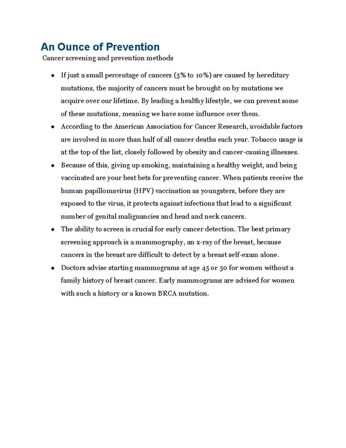 Bio ch. 10.8- An Ounce of Prevention - An Ounce of Prevention Cancer ...