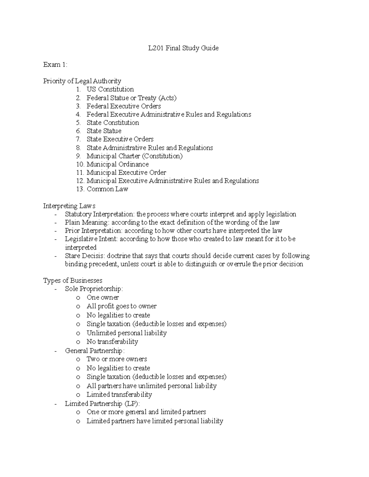 L201 Final Study Guide - L201 Final Study Guide Exam 1: Priority of ...
