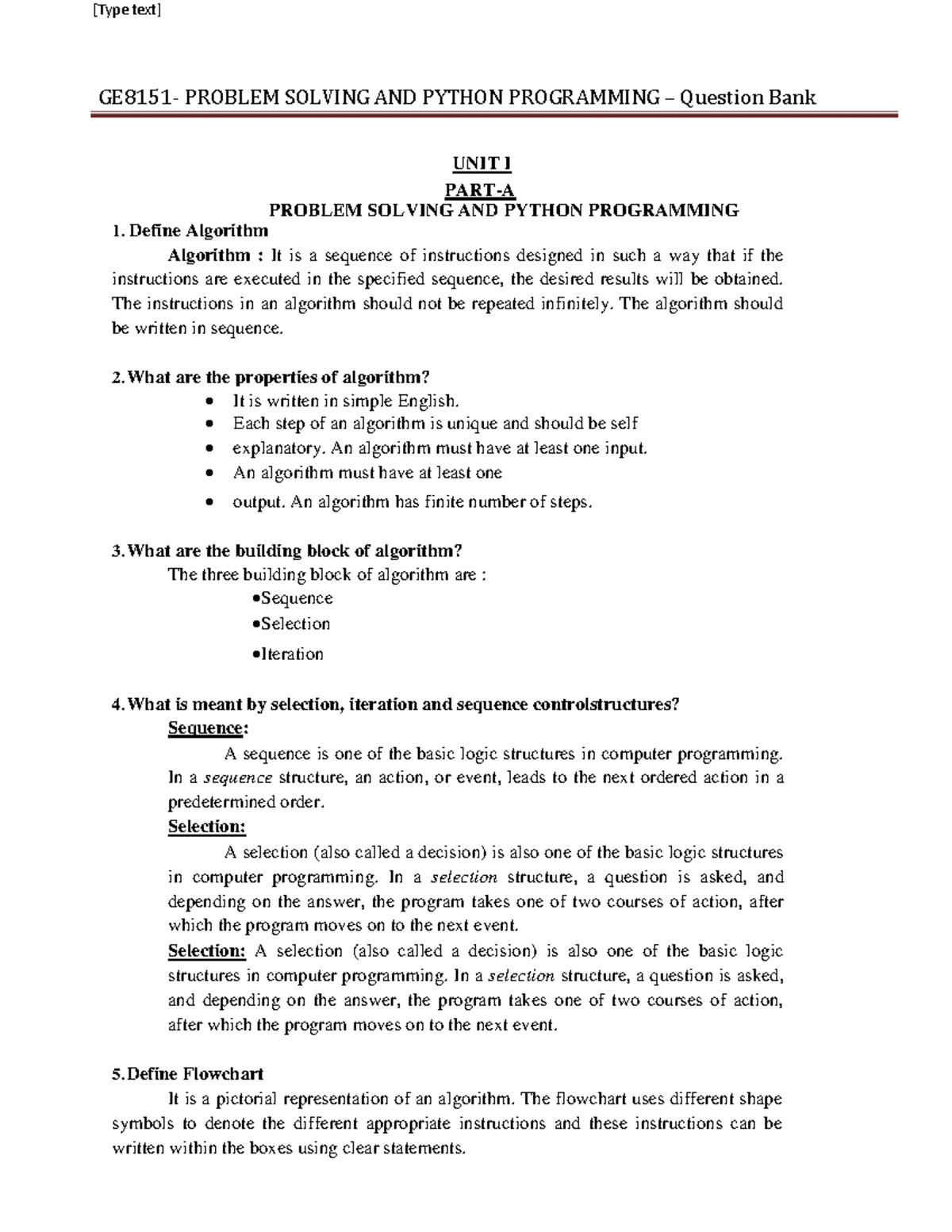 Question BANK - GE8151- PROBLEM SOLVING AND PYTHON PROGRAMMING – Question Bank UNIT I PART-A ...