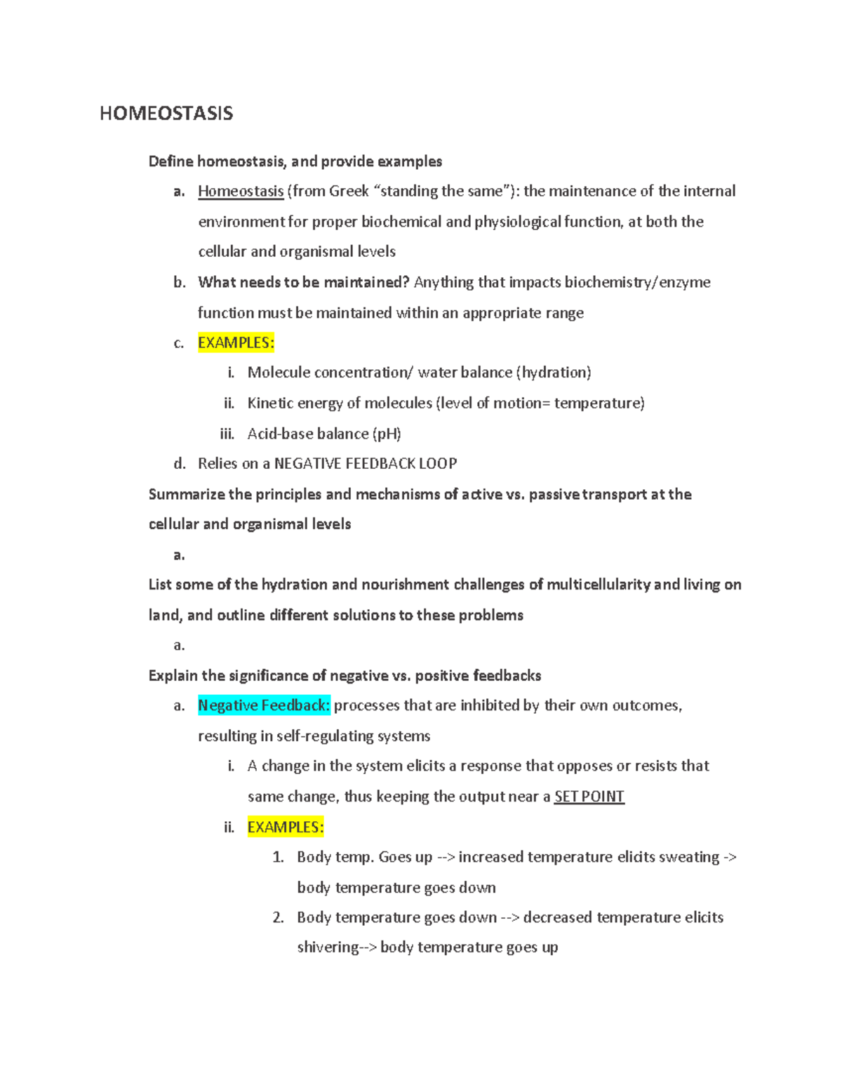 Biology Exam 3 Study Guide - HOMEOSTASIS Define homeostasis, and ...