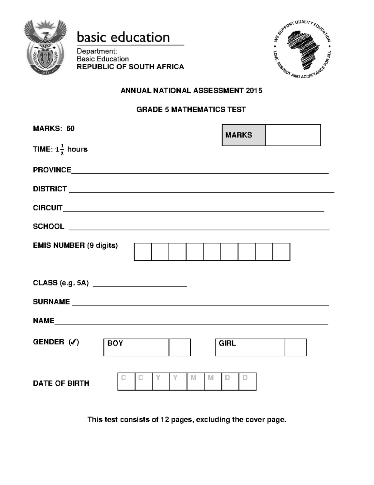 2015 ANA Gr 5 Mathematics Test - 2015 - ANNUAL NATIONAL ASSESSMENT 2015 ...