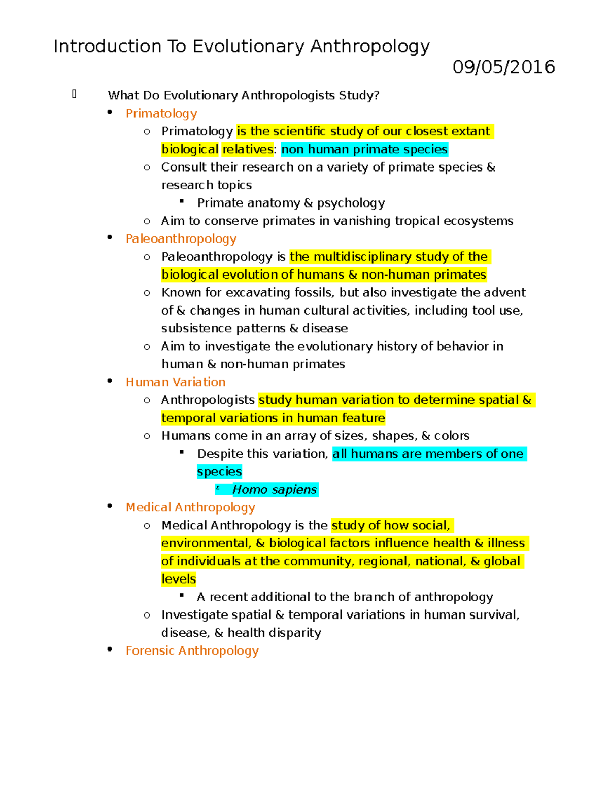 Introduction To Evolutionary Anthropology CH1 - Studocu