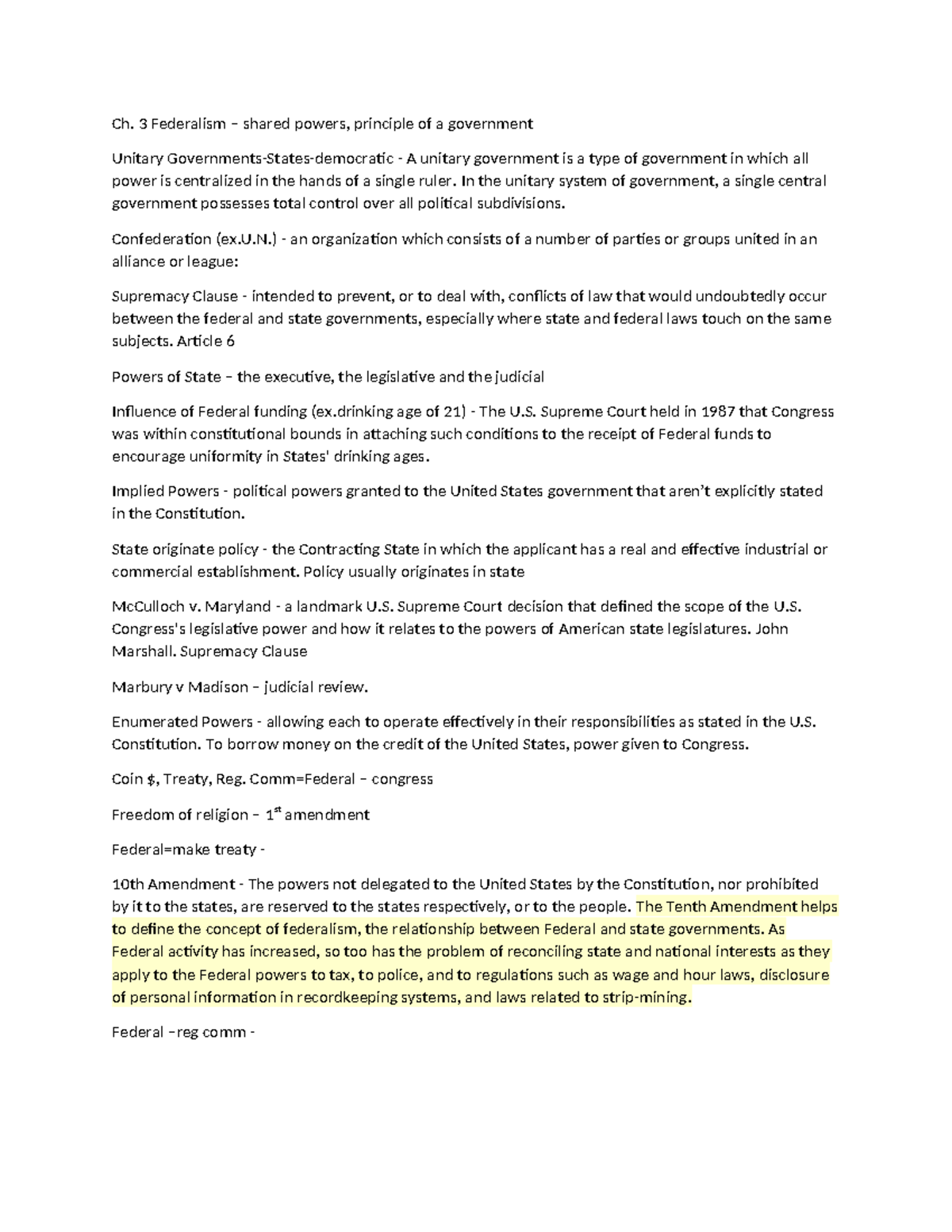 POS 2041 Study Guide Ch. 3 4 5 - Ch. 3 Federalism – shared powers ...