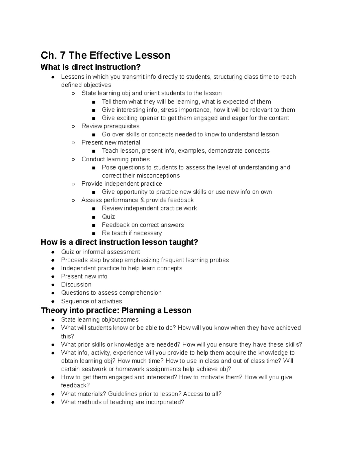 EDUC 3000 CH7 Notes - Ch. 7 The Effective Lesson What is direct ...