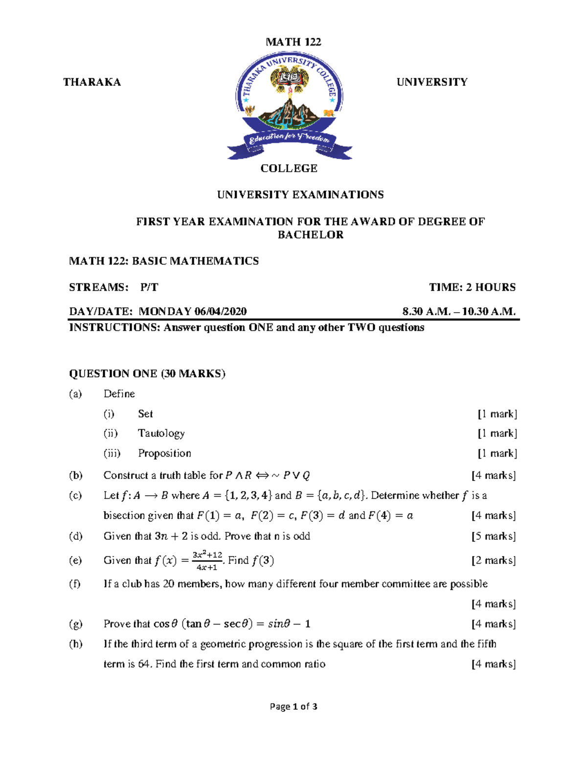 MATH 122 - Name:Rhoda kawira - MATH 122 Page 1 of 3 UNIVERSITY ...