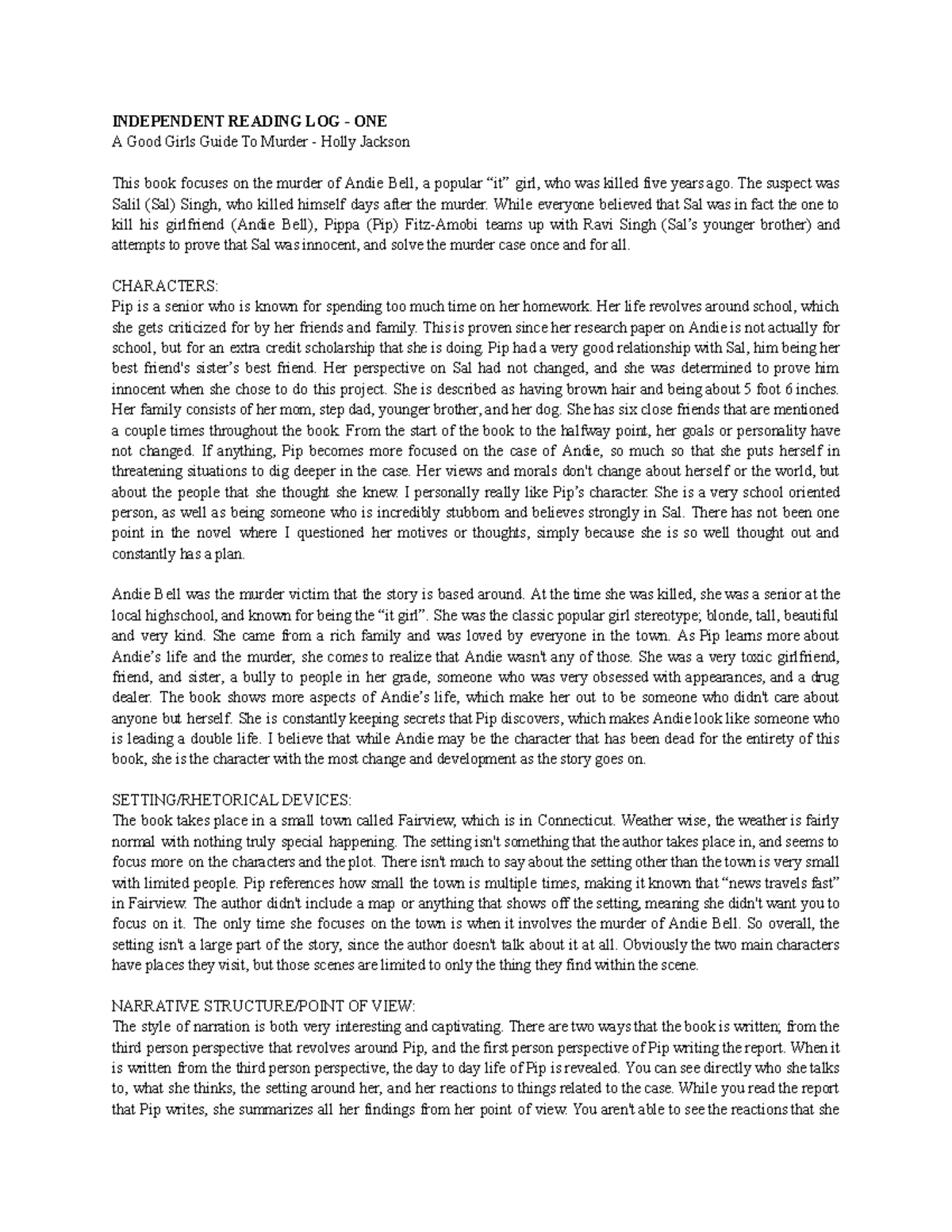 Independant reading - one - INDEPENDENT READING LOG - ONE A Good Girls ...