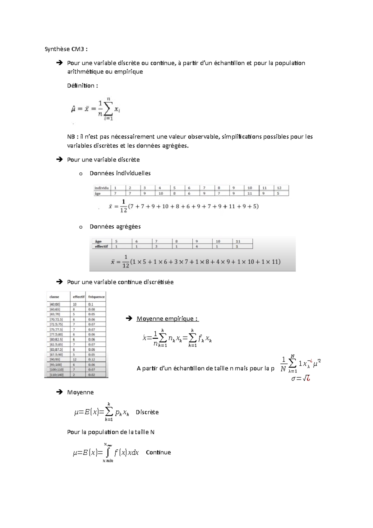 Synthèse CM3 Statistiques - Synthèse CM3 : Pour une variable discrète ou continue, à partir d’un ...