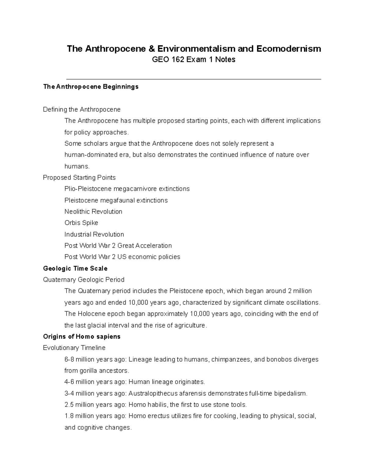GEO 162 Test 1 notes - n/a - The Anthropocene & Environmentalism and ...