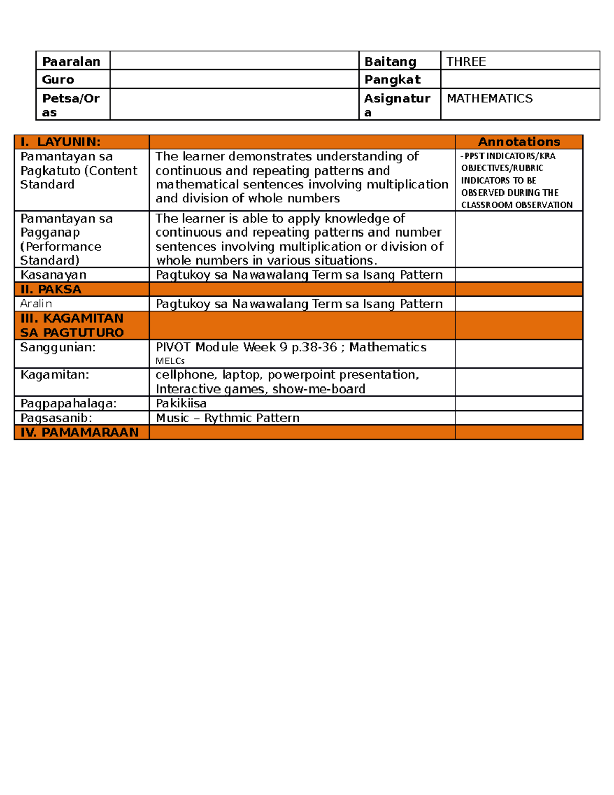 LP FOR COT 1 MATH 3 - LESSON PLAN - Paaralan Baitang THREE Guro Pangkat ...