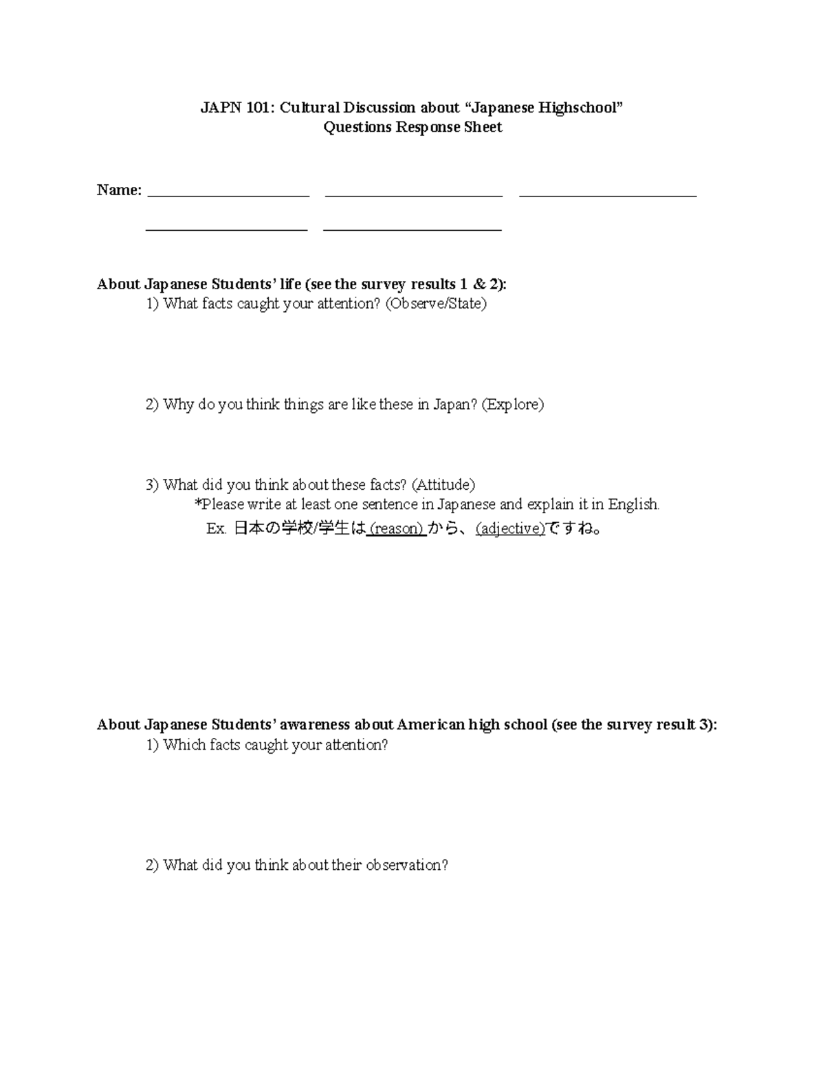 JAPN 101 Cultural Discussion Response Sheet - JAPN 101: Cultural ...