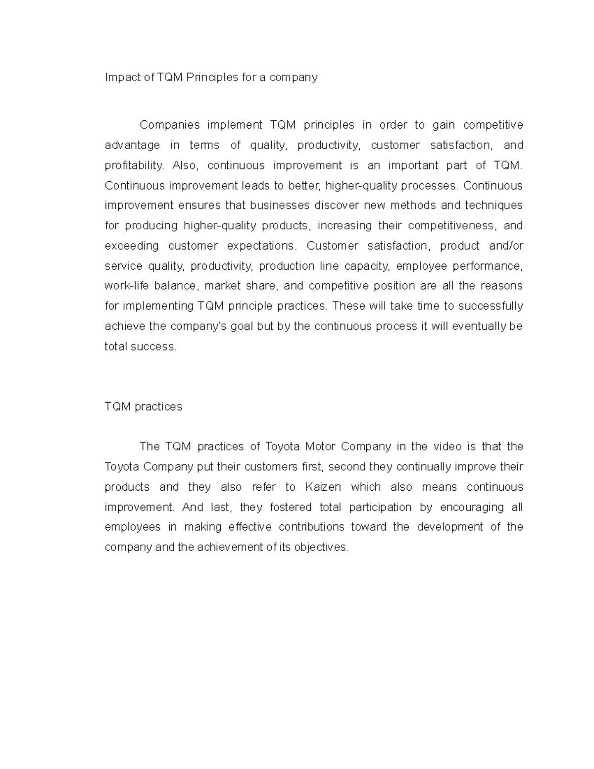 Strategic Management - tqm - Impact of TQM Principles for a company ...