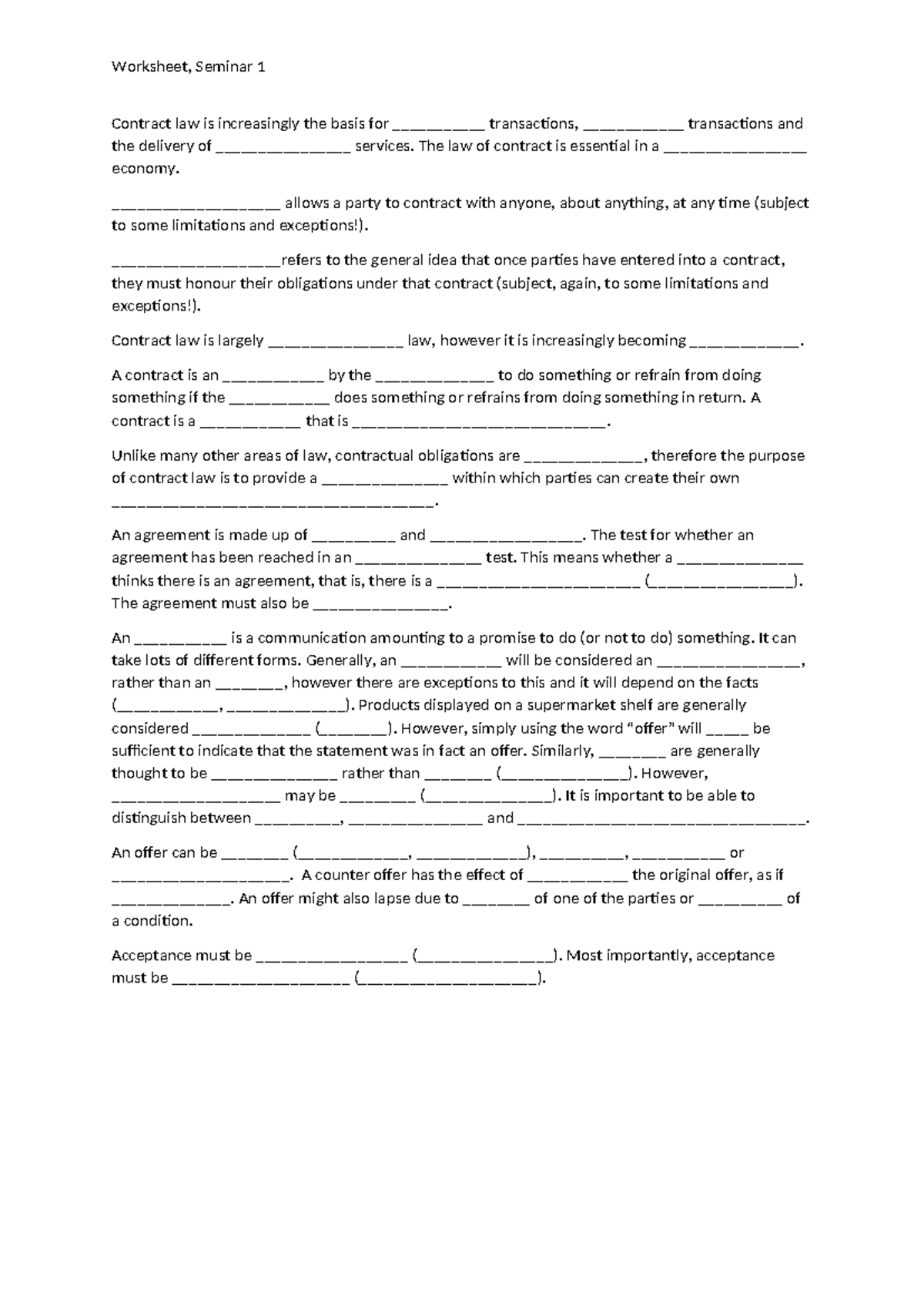 MLL111 Week 1 revision worksheet - Worksheet, Seminar 1 Contract law is ...