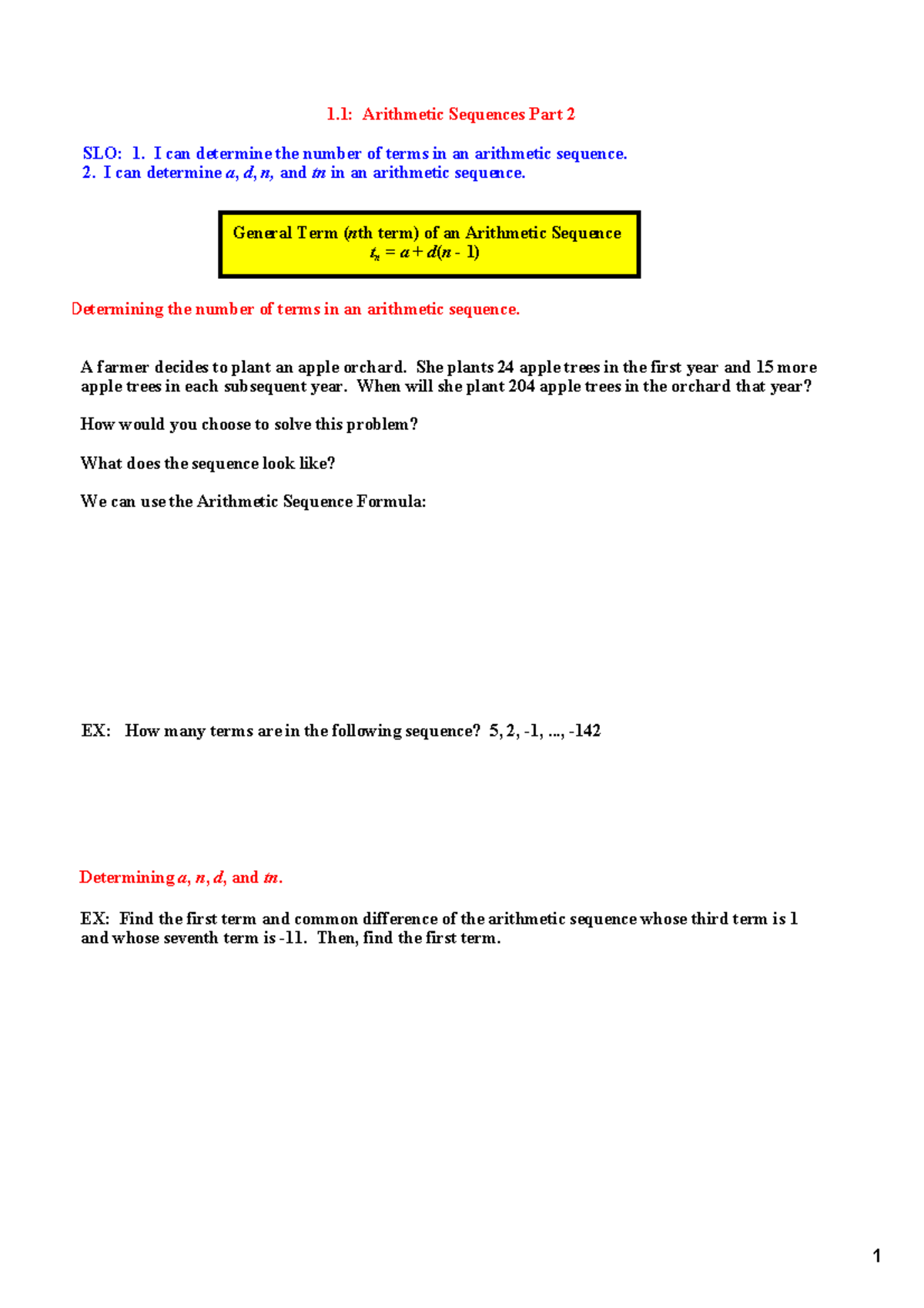 1.1 Arithmetic Sequences Part 2 - 1 General Term ( n th term) of an Arithmetic Sequence tn = _a ...