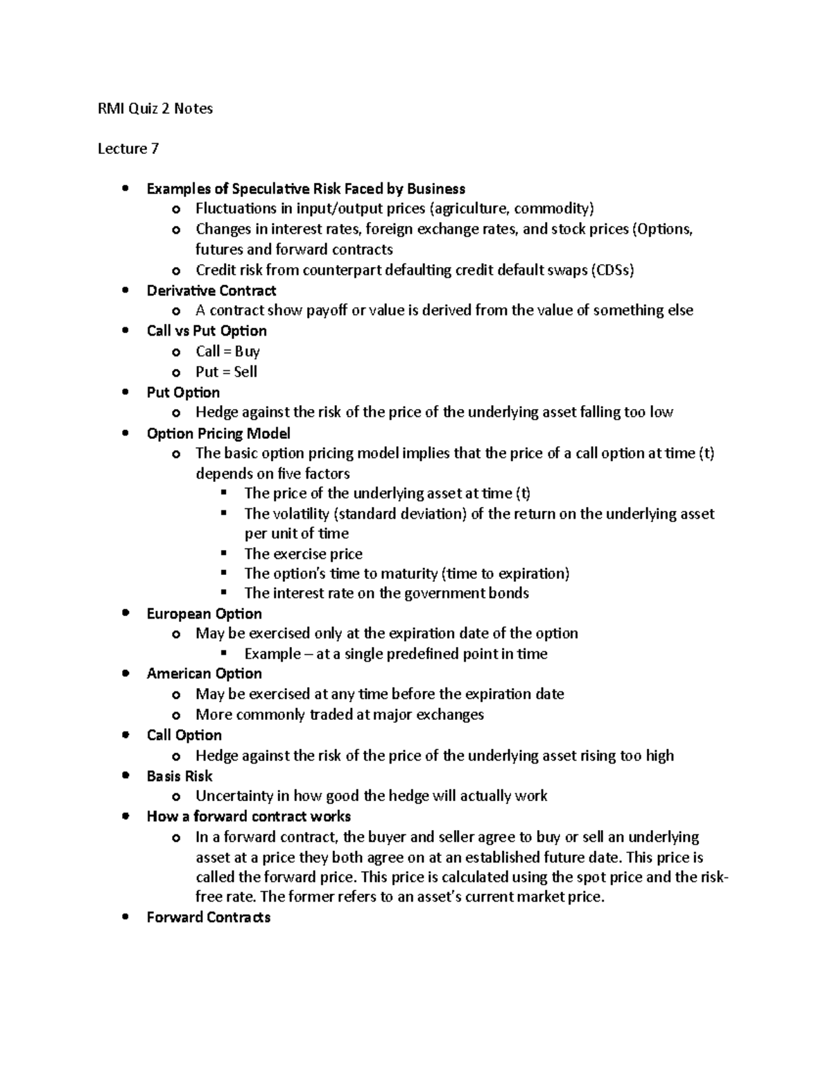 RMI Quiz 2 Notes - RMI Quiz 2 Notes Lecture 7 Examples of Speculative ...
