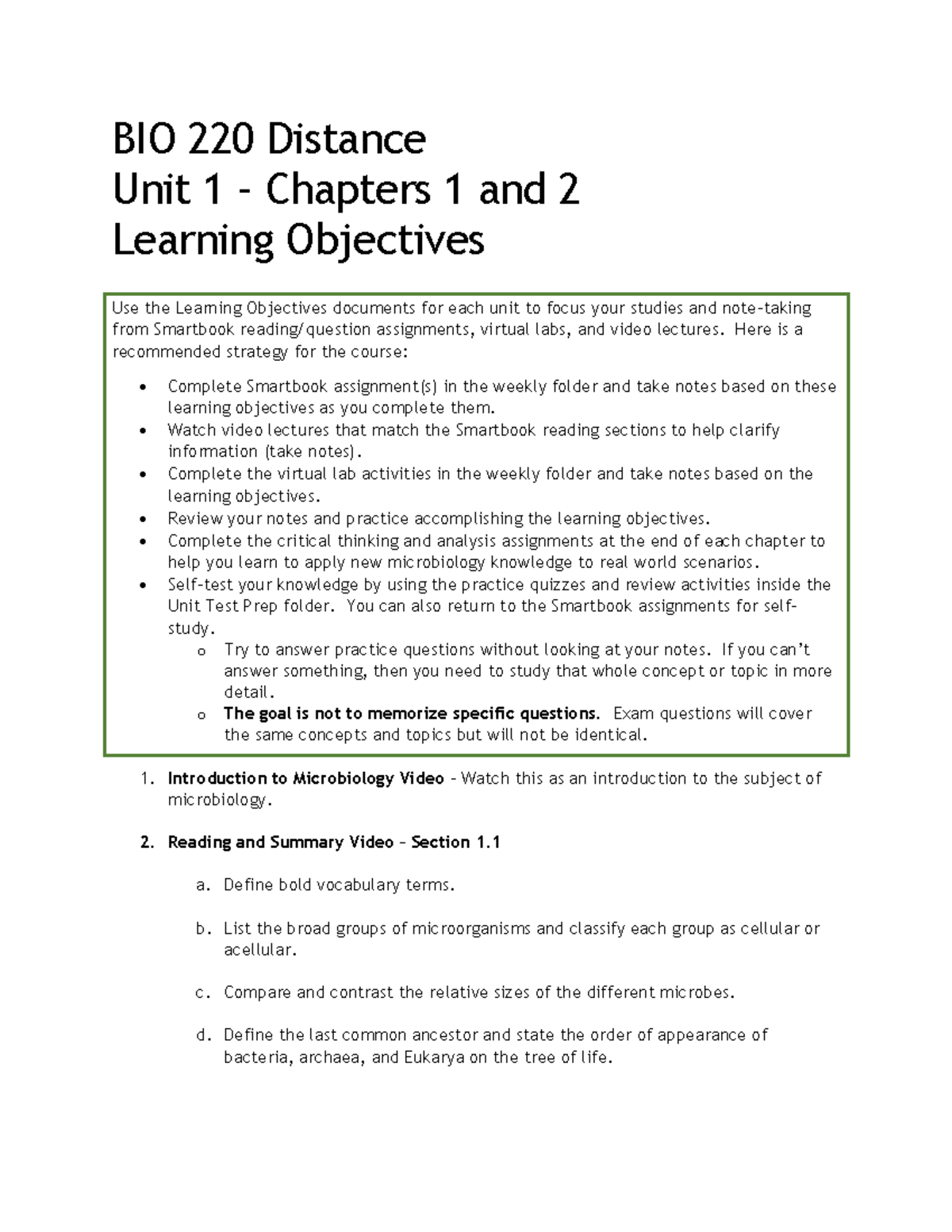 BIO 220 Distance - Unit 1 - Chapter 1 and 2 Learning Objectives - BIO ...