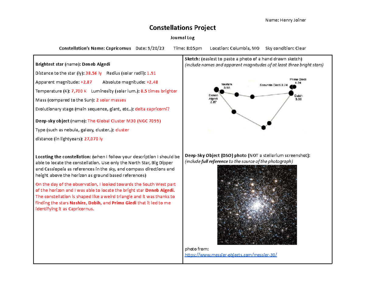 Constellations Log Example - Name: Henry Joiner Constellations Project ...